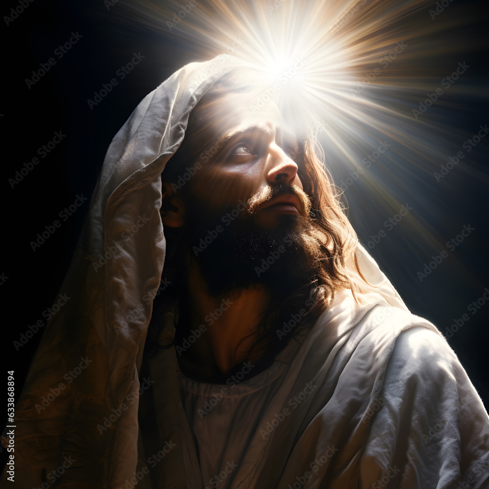 Jesus Christ looking up to his Father in heaven before ascending Stock ...