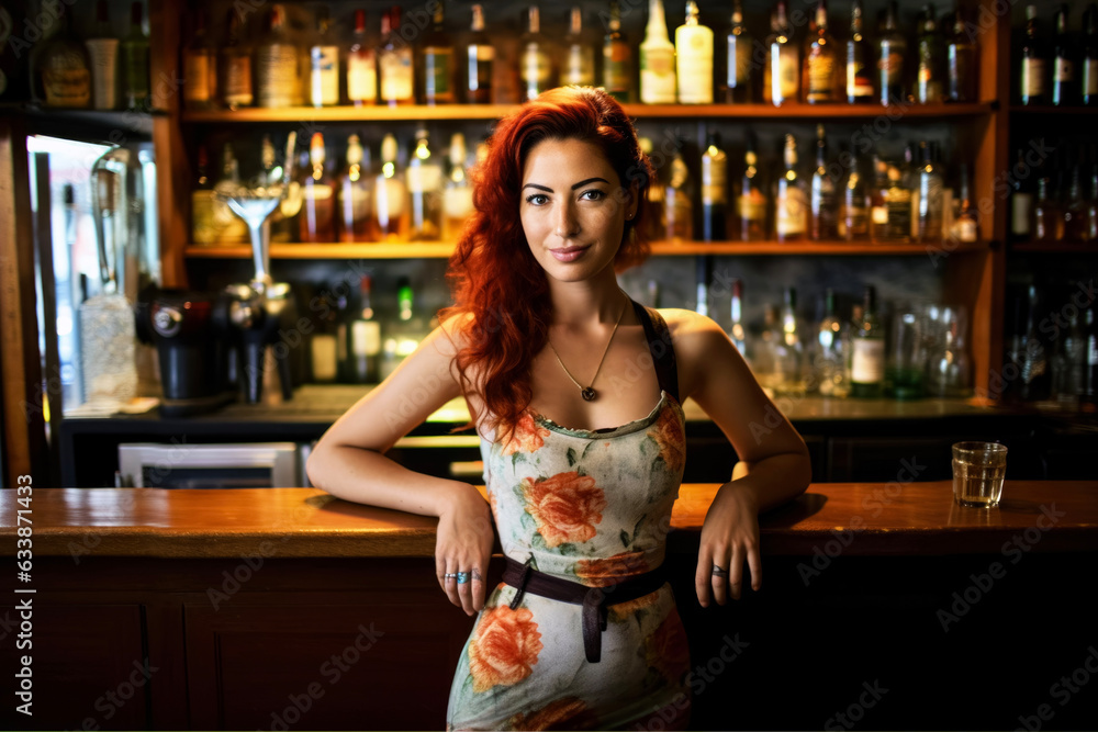 Foto de Young woman in summer dress standing in front of bar, blurred ...