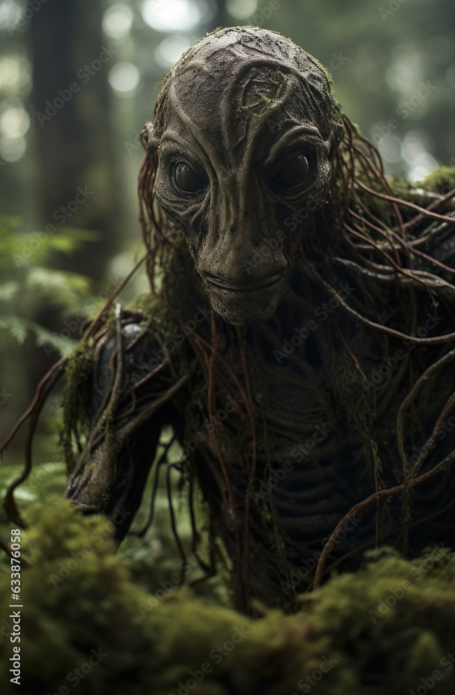 Alien is hiding in spooky forest realistic photo character generative ...