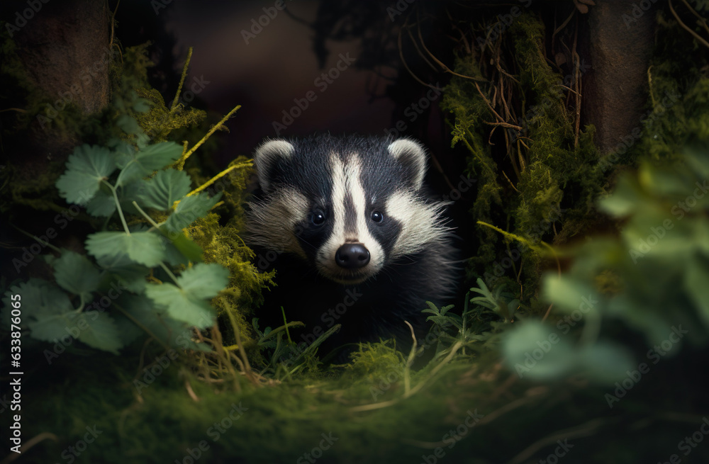 Badger is hiding in spooky forest realistic photo character generative ...