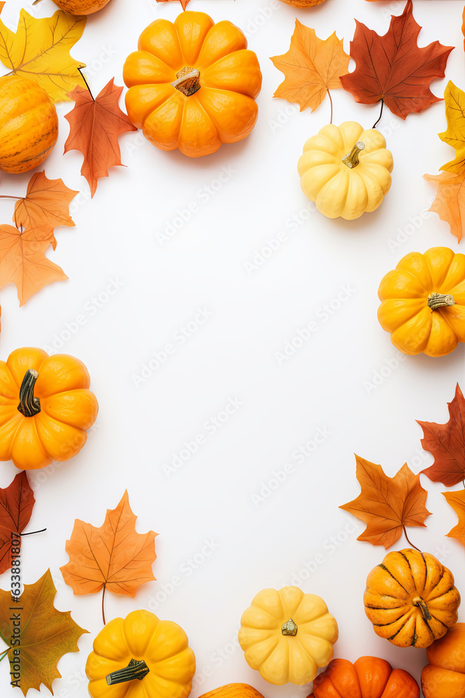Fall background with orange pumpkins and fall leaves on a light surface ...