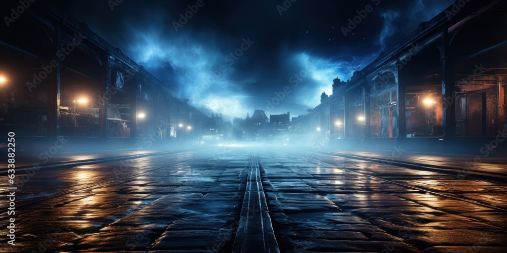 3d render of the empty scene, blue neon torch, wet asphalt, smoke ...