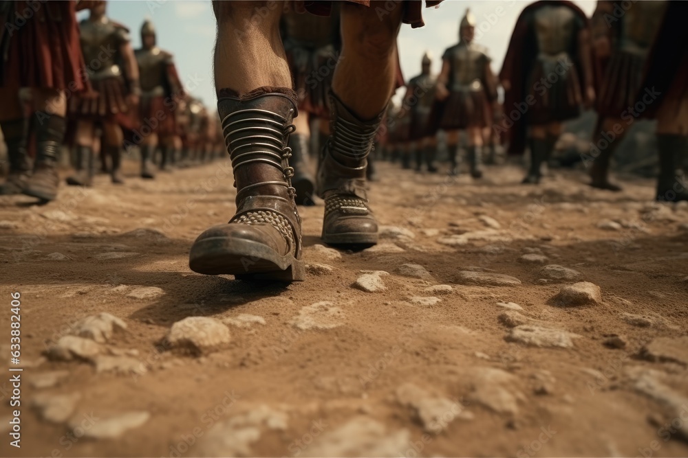 Footsteps of Empire: Low-Angle Shot, Concentrating on Sandaled Feet of ...