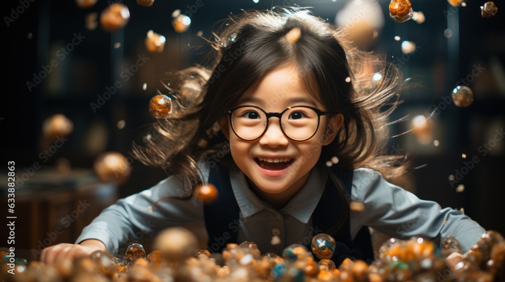 Asian female student poses on the blackboard background It symbolizes ...
