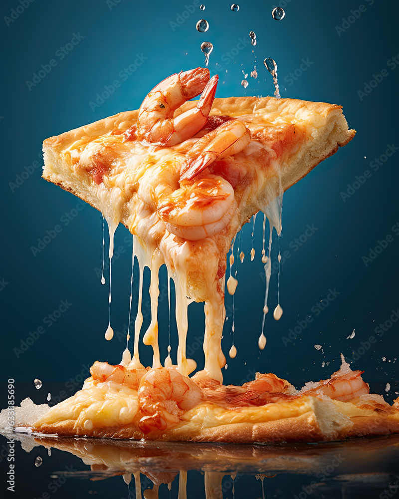 Slice of shrimp and cheese pizza floating in the air Stock Photo ...