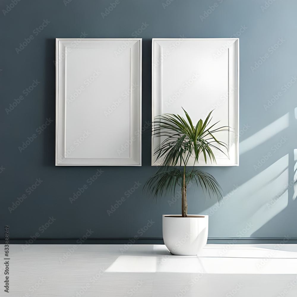 Two potted plants in front of a blank picture frame, white canvas ...