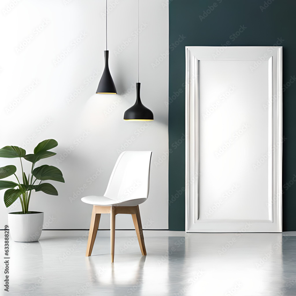 Two potted plants in front of a blank picture frame, white canvas ...