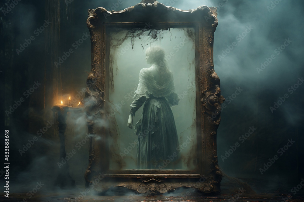 Haunted Reflection, Ghostly Face Emerging from Antique Mirror Stock ...