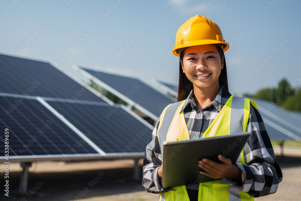 A female asian engineer with a yellow helmet are standing and looking ...