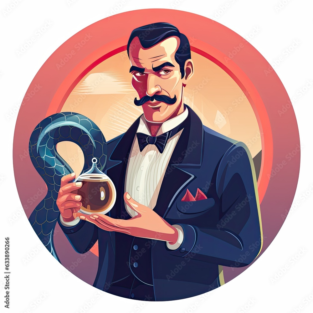 Snake oil scam salesman trying to sell his goods. Cartoon illustration ...