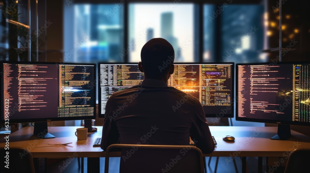 web developer coding on multiple screens in a tech-filled office ...