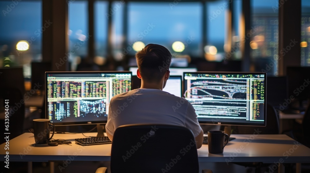 web developer coding on multiple screens in a tech-filled office ...