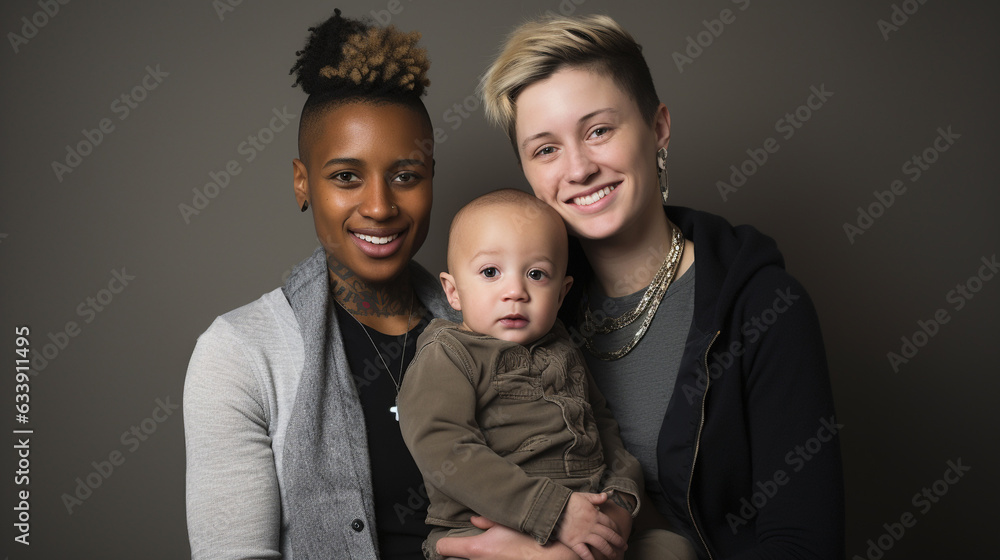 two lesbian mothers women, one black and other white in the style of ...