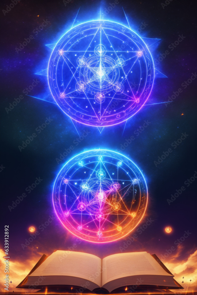 Magic Spell Effect with Star in Circles Neon Glow Plasma Open Book ...