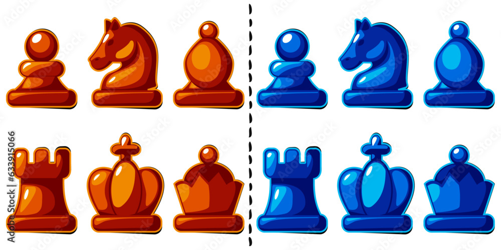 Chess set. Funny, slightly plump, fat figures. Cartoon red and blue ...