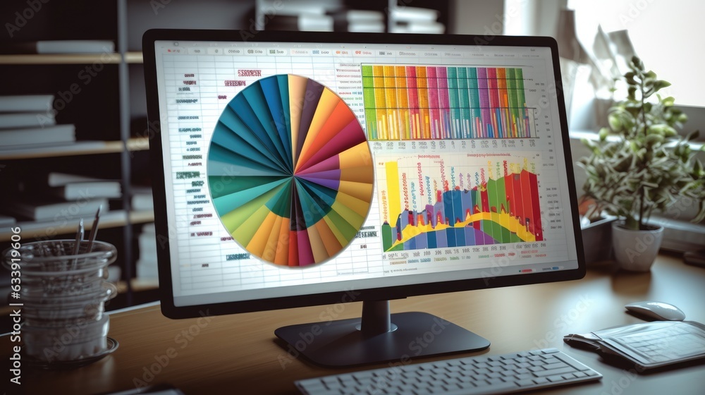 A computer screen displaying multiple financial reports, graphs and pie ...