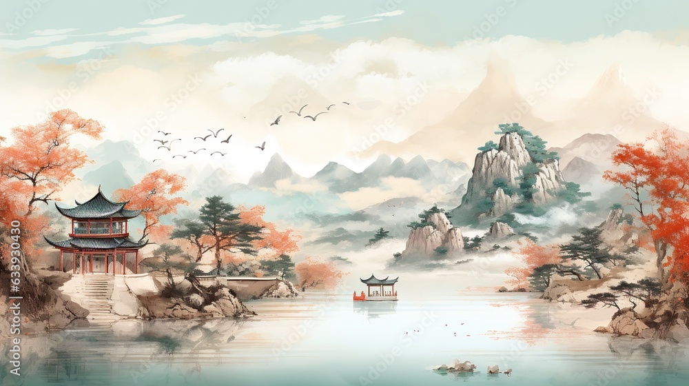 Chinese painting style landscape. Asian traditional culture ...