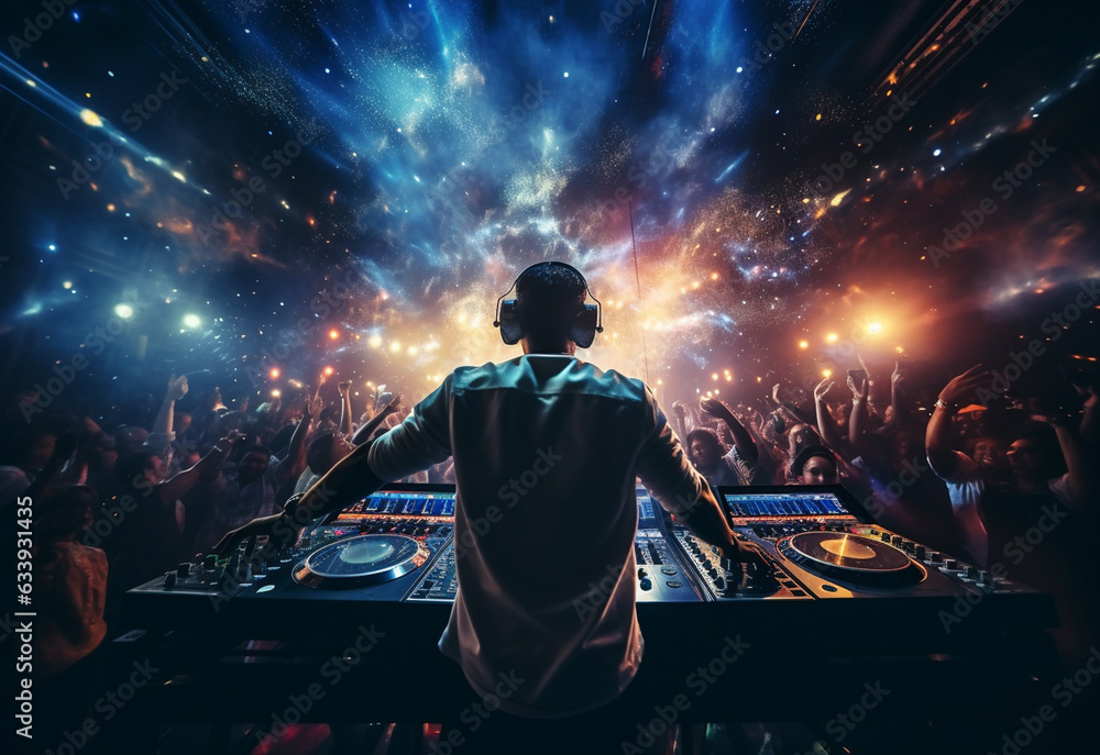 DJ playing and mixing music in nightclub party at night . EDM dance ...