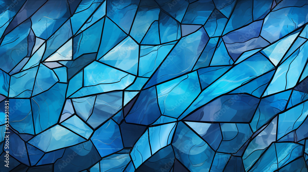 Dark blue stain glass with a random abstract pattern with white light ...