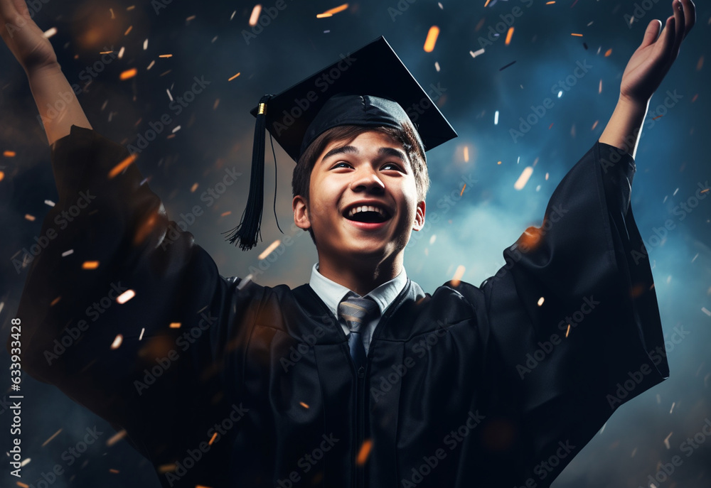 Double exposure photo of Young man throwing graduation cap technology ...