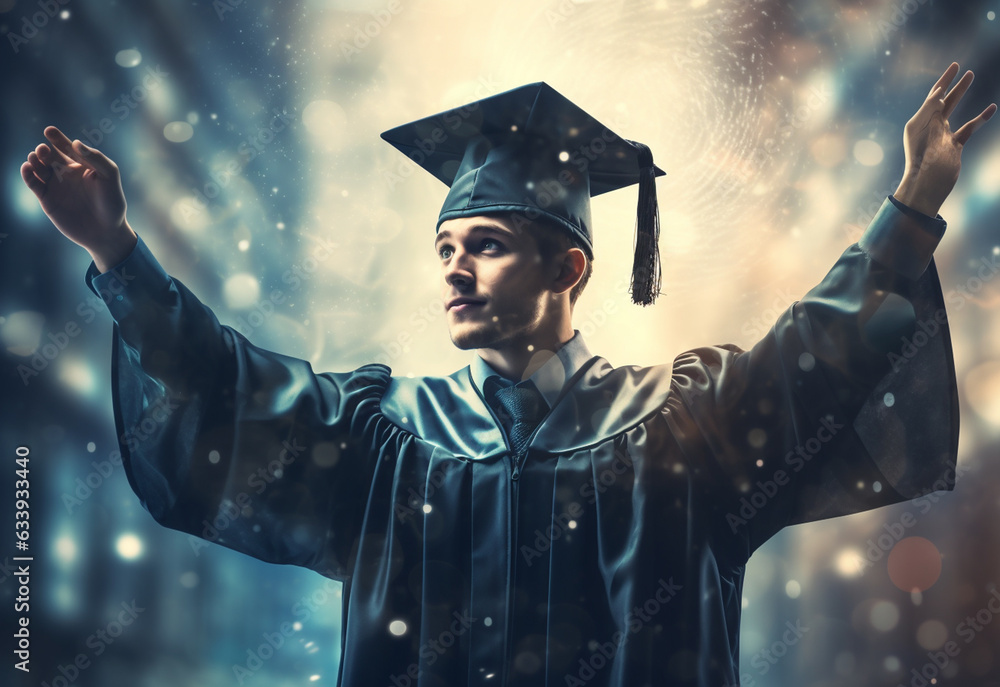 Double exposure photo of Young man throwing graduation cap technology ...