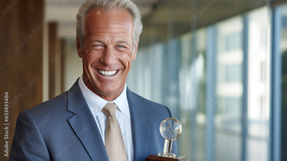 an elated businessman wearing a radiant smile upon receiving an ...