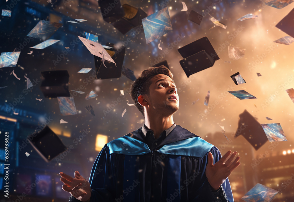 Double exposure photo of Young man throwing graduation cap technology ...