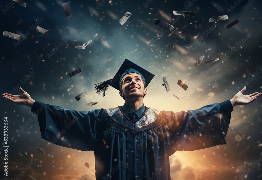 Double exposure photo of Young man throwing graduation cap technology ...