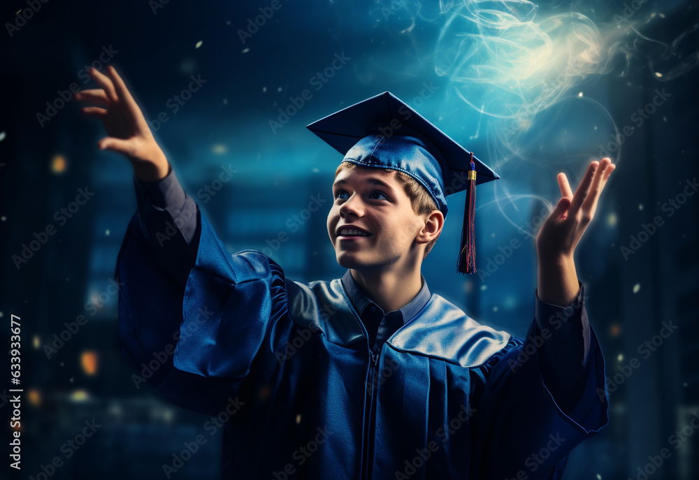 Double exposure photo of Young man throwing graduation cap technology ...