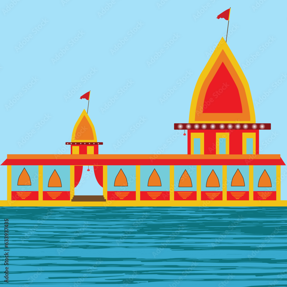 Vector illustration of Shree Ram mandir with red flag. Stock Vector ...