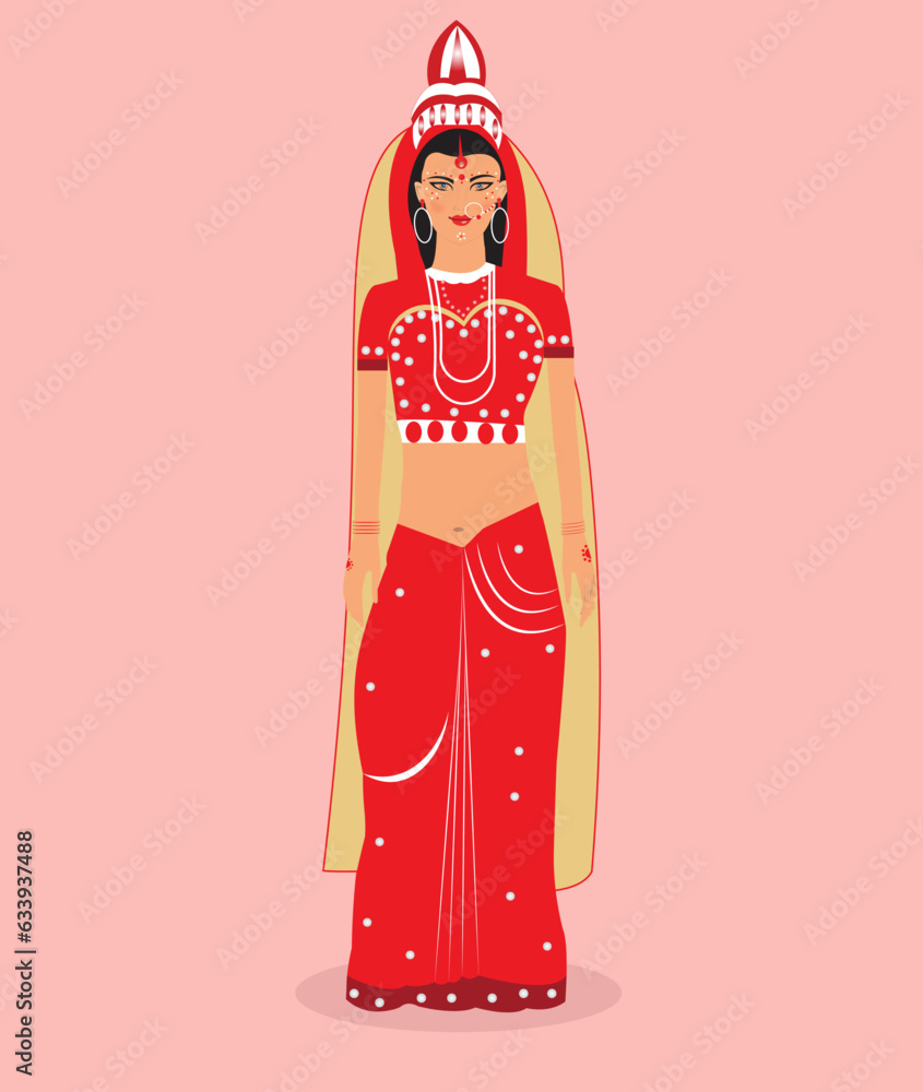 Vector illustration of Bengali woman wearing bridal traditional dress ...