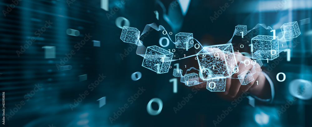 Blockchain technology concept, Businessman touching on virtual ...