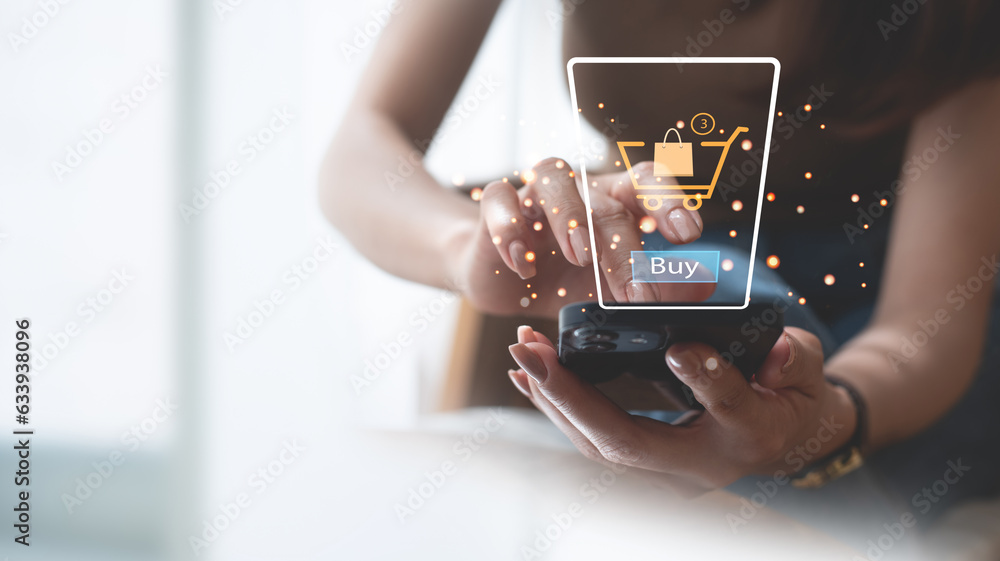 Woman using mobile smart phone for online shopping and digital banking ...