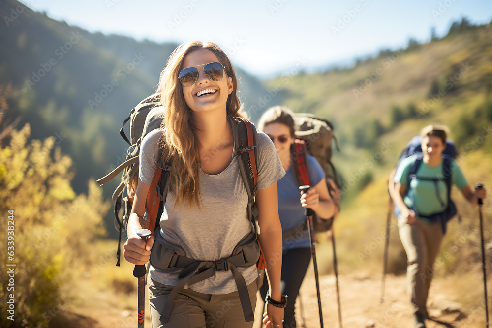 Smiling woman hiker with backpack looking at camera with group of ...