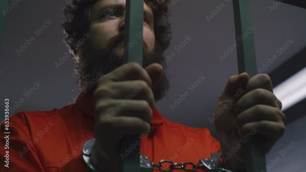 Male prisoner in orange uniform holds metal bars with handcuffed hands ...