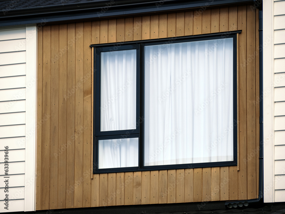 Poster Typical window with modern metal frame on weatherboard wall ...