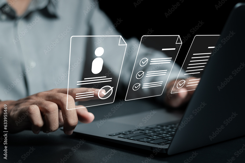 Human Resources HR management concept, Businessman filling out online ...