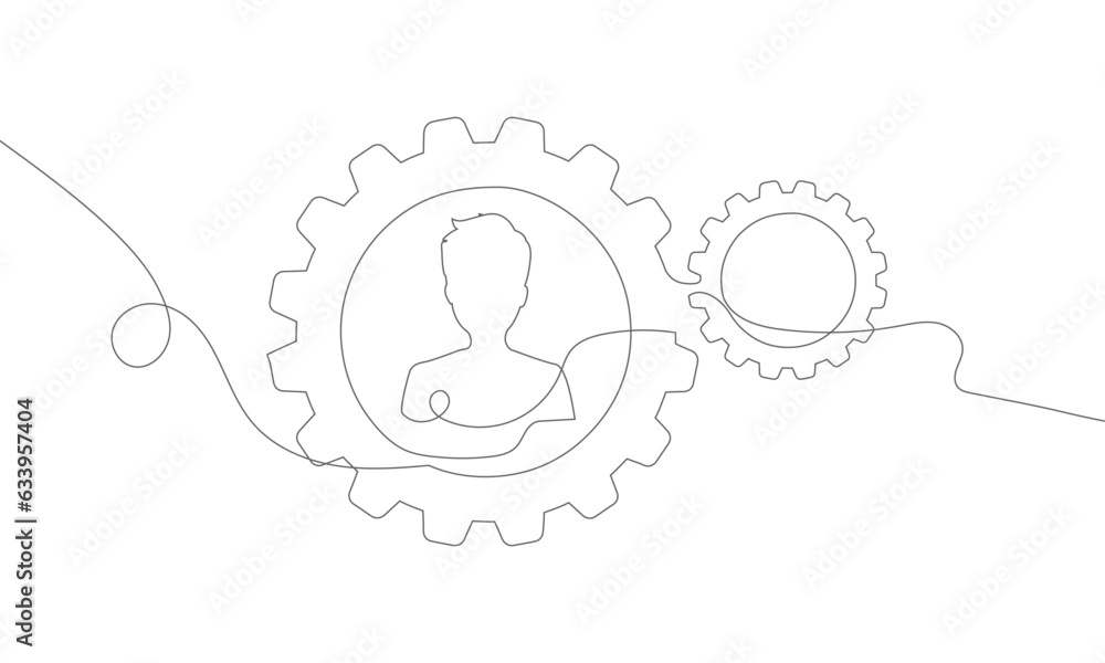 Continuous line drawing of gear with man inside, Technology progress ...