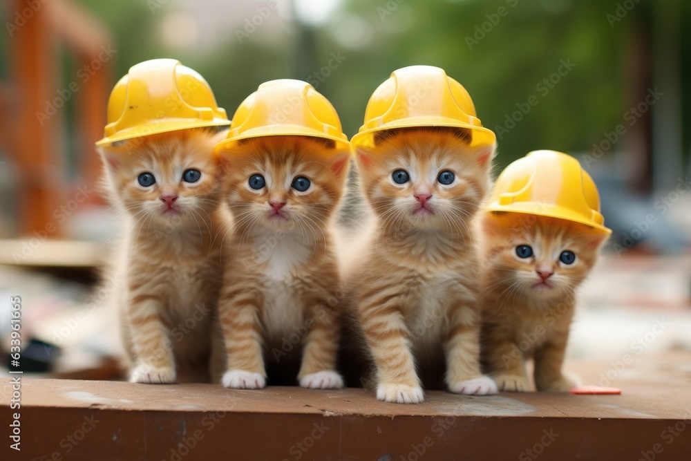 Group of cute little kittens in safety helmets on a construction site ...