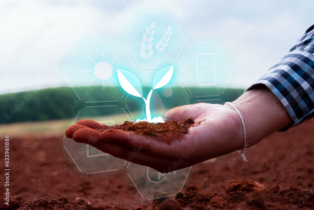 Hand holds soil embodying the fundamental connection between humans and ...