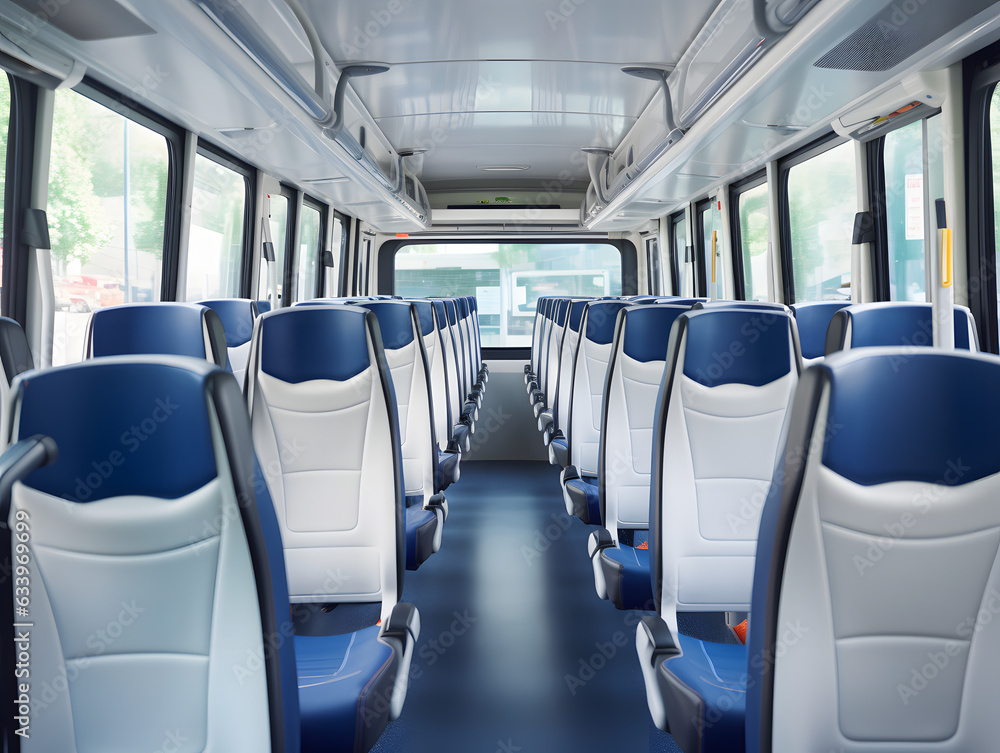 Interior shot of an empty travel bus with rows of seats leading to the ...