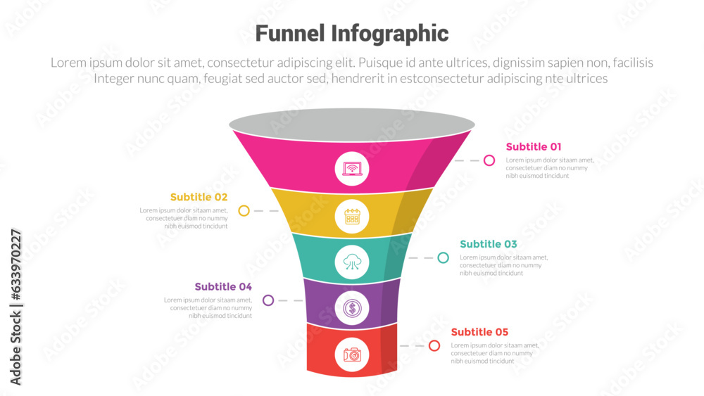 funnel shape infographics template diagram with 3d cylinder funnels and ...