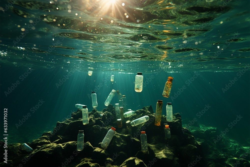 Open sea tainted by plastic bottles and microplastics, symbolizing ...