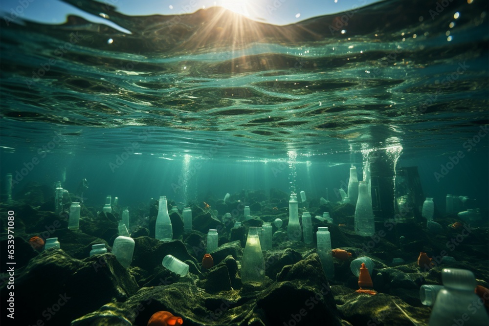 Open sea tainted by plastic bottles and microplastics, symbolizing ...