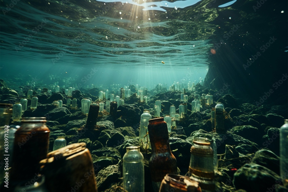 Open sea tainted by plastic bottles and microplastics, symbolizing ...