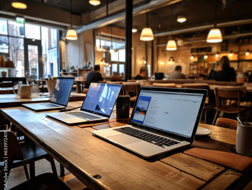 An image of a communal work table in a co-working space with laptops ...