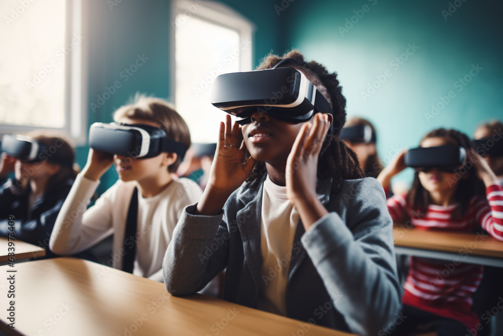 A picture of a futuristic classroom with students using virtual reality ...
