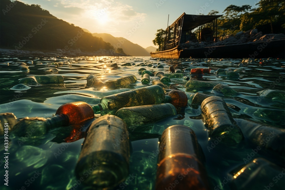Sea tainted with plastic bottles, portraying natures degradation and ...