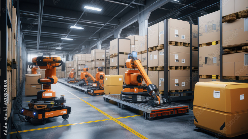 Automated Retail Warehouse AGV Robots with Infographics Delivering ...