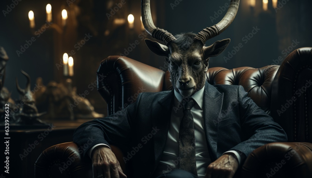 fashionable man in goat mask, satyr businessman sits in lair, boss ...